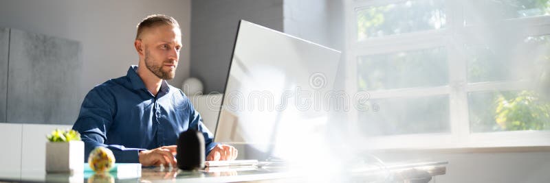 Employee Working on Desktop Computer Stock Image - Image of male, space ...
