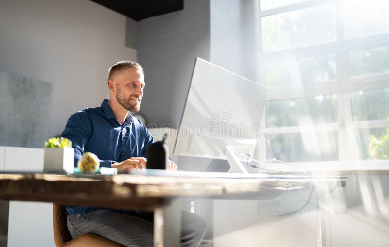 Employee Working on Desktop Computer Stock Photo - Image of virtual ...
