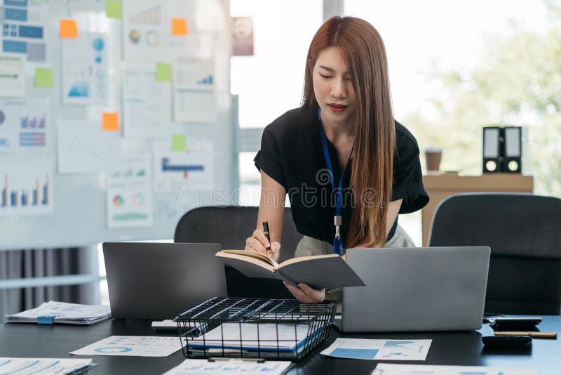 Employee, Working with Documents Sitting at Desk Using Laptop and ...