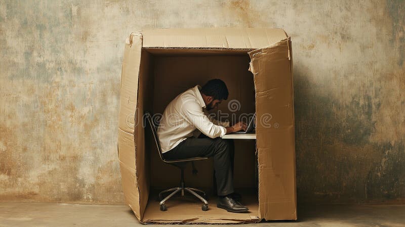 Employee Working Inside Cardboard Box in Office Representing ...
