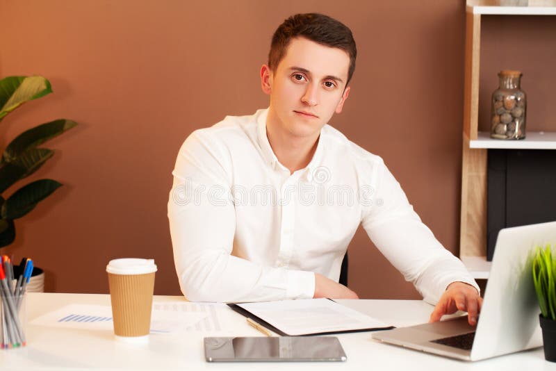 Employee Works at the Computer in the Office Stock Image - Image of ...
