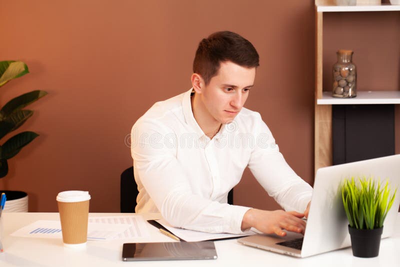 Employee Works at the Computer in Office Stock Image - Image of modern ...