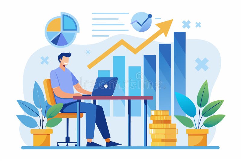 An Employee Works at a Desk, Examining Growth Analysis Graphs with ...