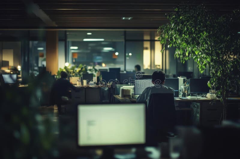 Employee Works Late in an Office with Computer and Tree, Office Worker ...