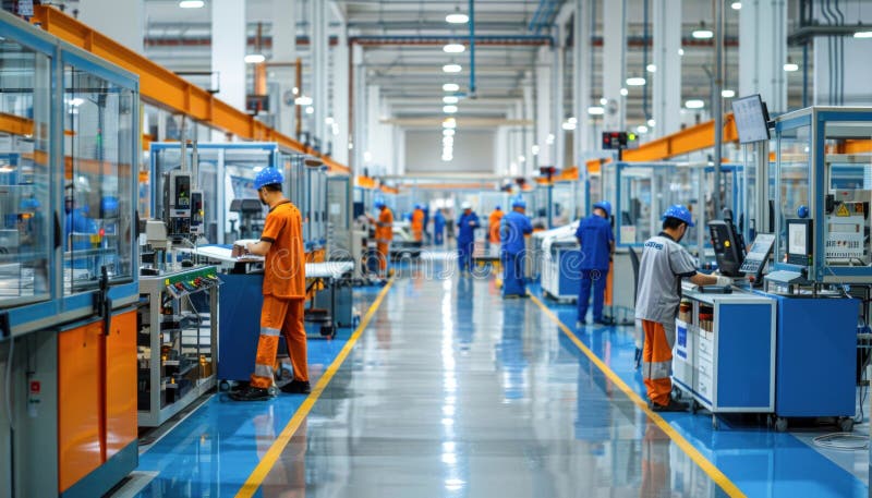 Employees are Busy Working in the Factory with Machinery, Creating a ...