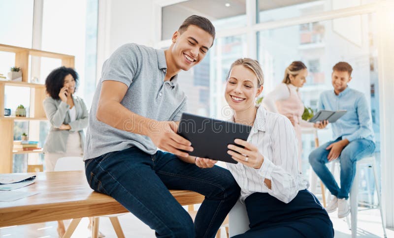 Employees, Digital Tablet and Meeting Team Together in Casual Corporate ... Employees, Digital Tablet and Meeting Team Together in Casual Corporate ...