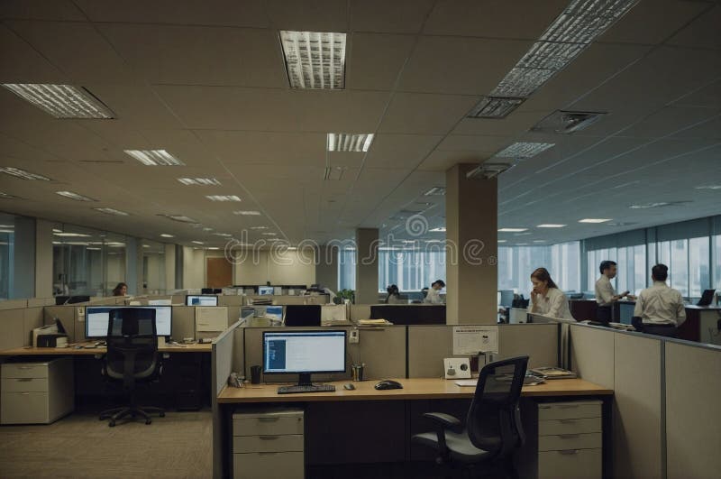 Busy Office Environment with Employees Working at Desks during Regular ...