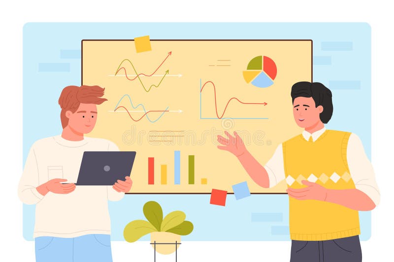 Employees Exchange Ideas Near Office Board with Financial Data Charts ... Employees Exchange Ideas Near Office Board with Financial Data Charts ...