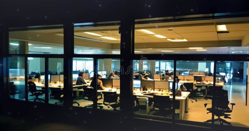 Late-night Work Session at a Corporate Office in a Bustling City Stock ...