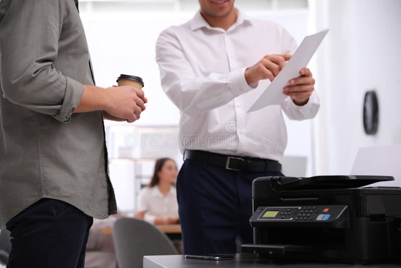 Employees Using New Modern Printer in Office Stock Image - Image of ...