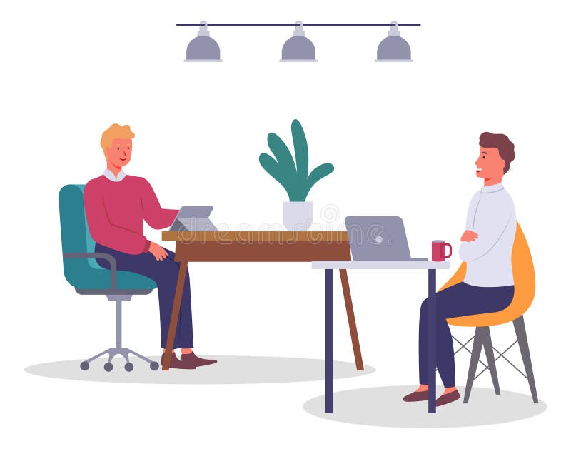 Employees in Office, at Tables, Using Devices. Communicate and Work ...