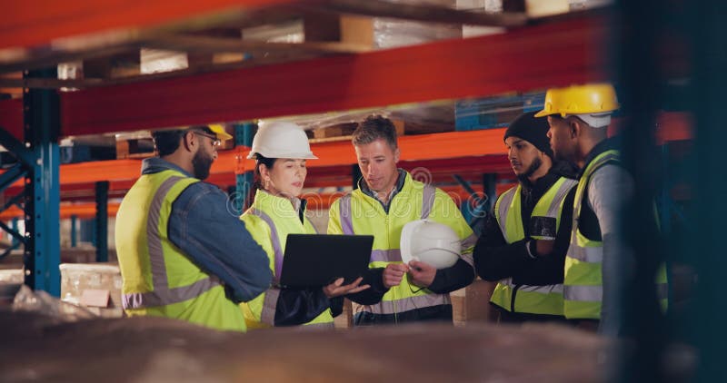 Employees, Tablet and Group in Warehouse, Teamwork and Inventory with ...