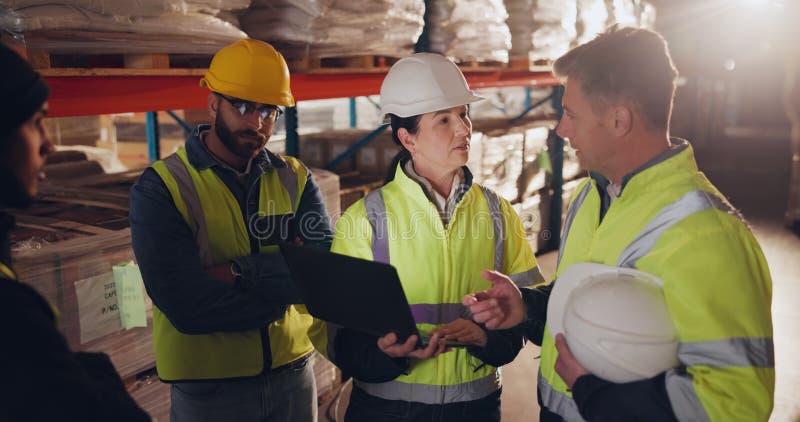 Employees, Tablet and Group in Warehouse, Teamwork and Inventory with ...
