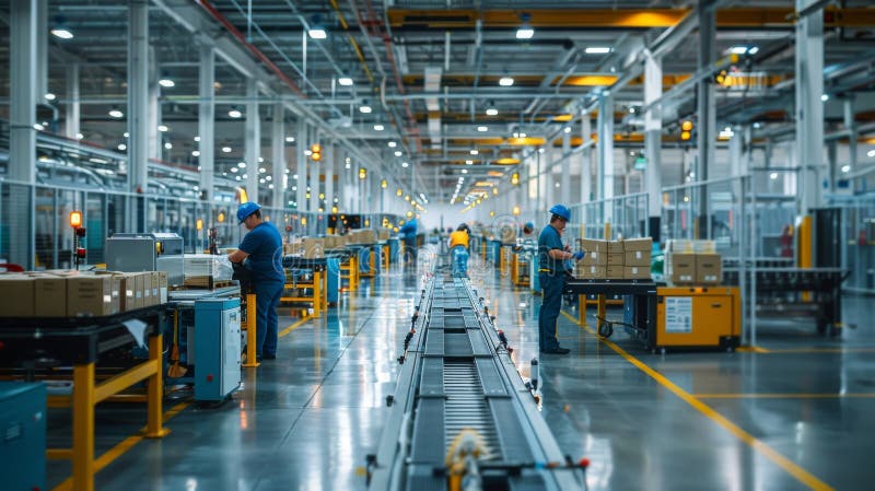 Employees in Uniform Working on Conveyor Line in a Bright Spacious ...