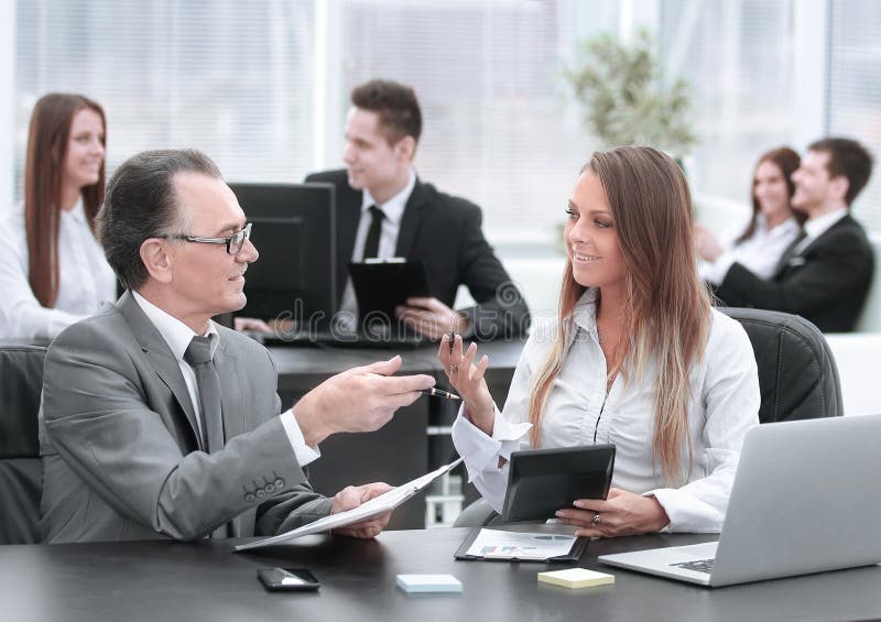 Employees Using Digital Tablet To Work with Financial Data Stock Image ...