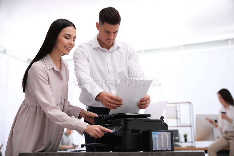Employees Using New Modern Printer in Office Stock Image - Image of ...