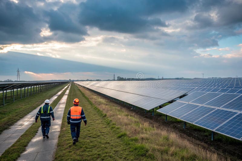 Employees Walk between Rows of Solar Panels. Employees Walk between ...