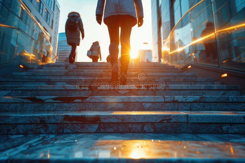 Employees Walking Up Outdoor Stairs for Work Commute: Communicati Stock ...