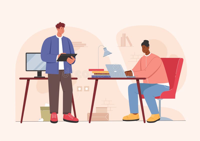 Employees Work Together with Computer and Laptop in Comfortable Modern Workspace Stock Vector ...