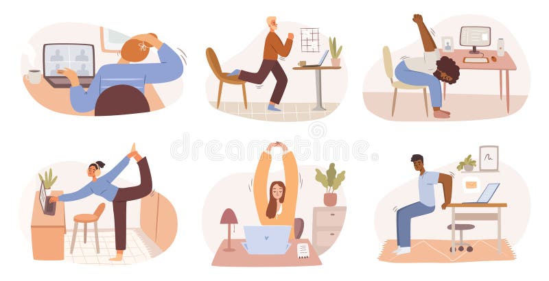 Employees Working from Home or Office Stretching Stock Vector ...
