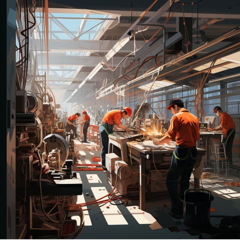 Employees Working in Industry Stock Illustration - Illustration of room ...