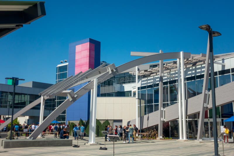 Employees Working Outdoors at Googleplex Headquarters Main Office ...