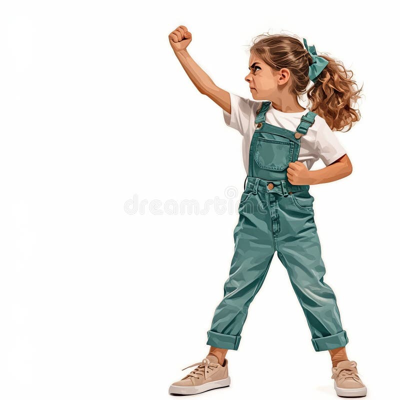 Empowered Girl in Overalls Showing Determination and Strength Stock ...