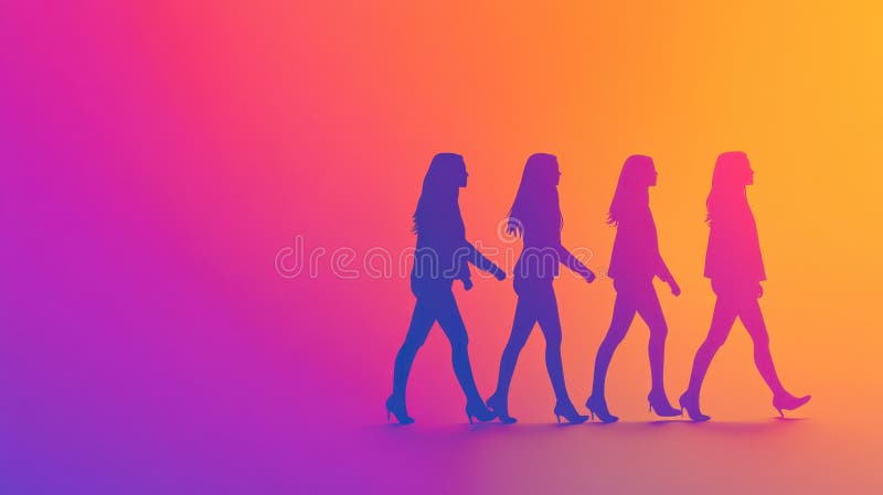 Empowered Women Silhouettes Walking Together on Colorful Gradient ...