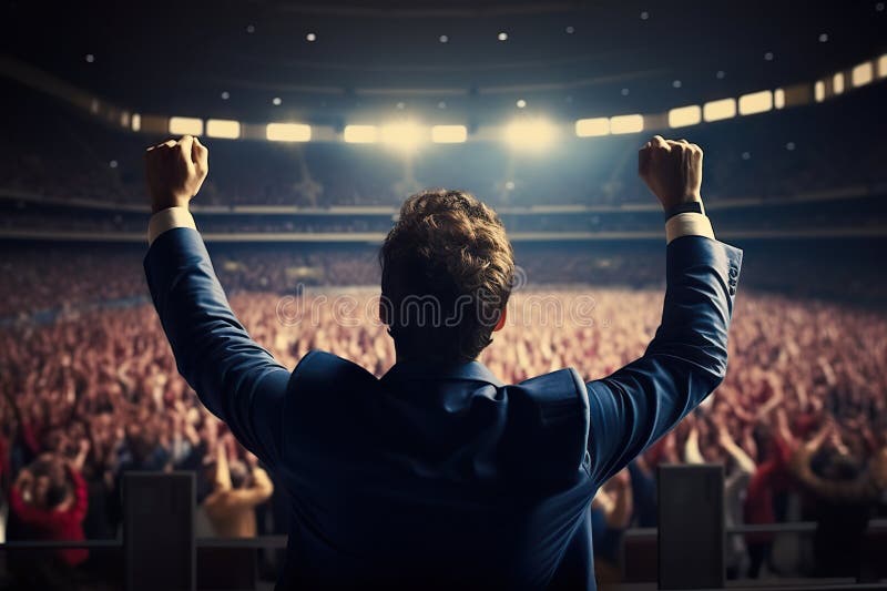 Empowering Moments Motivational Speaker Inspiring the Crowd with Raised ...