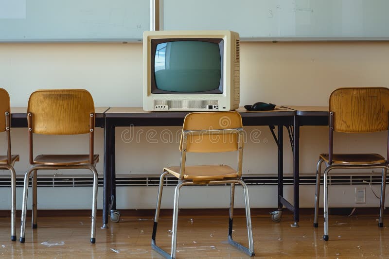 Empty, Abandoned Classroom with Old TV and Chalkboard, Concept of ...