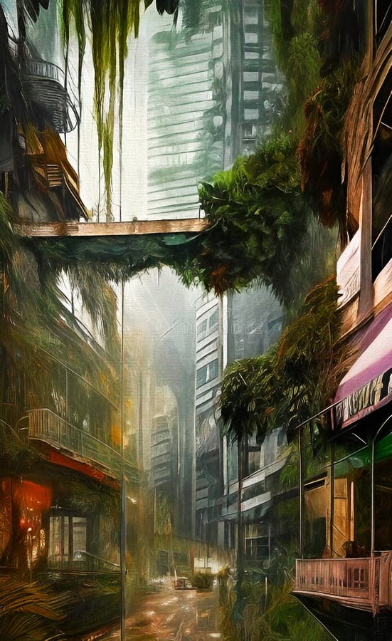 The Empty Abandoned City is Overgrown with Plants. Illustration Stock ...