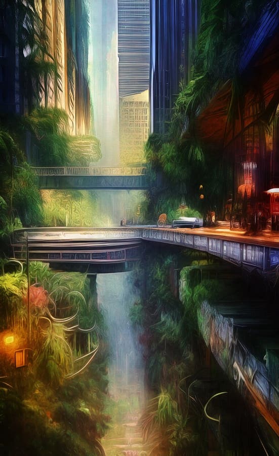The Empty Abandoned City is Overgrown with Plants. Illustration Stock ...