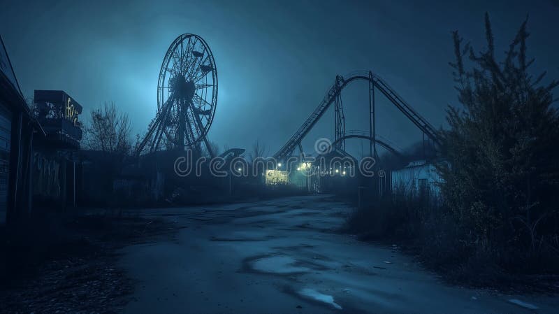 An Empty, Abandoned Theme Park at Night, Creaking Rides and Brok Stock ...