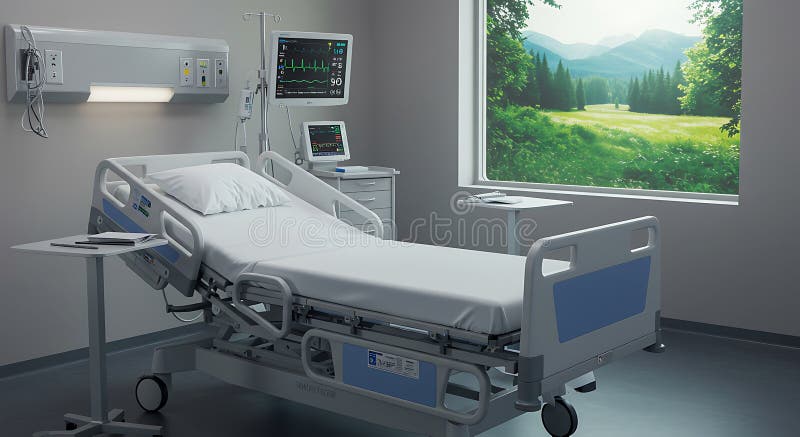 Empty Adjustable Hospital Bed with Window View Featuring Nature Scenery ...