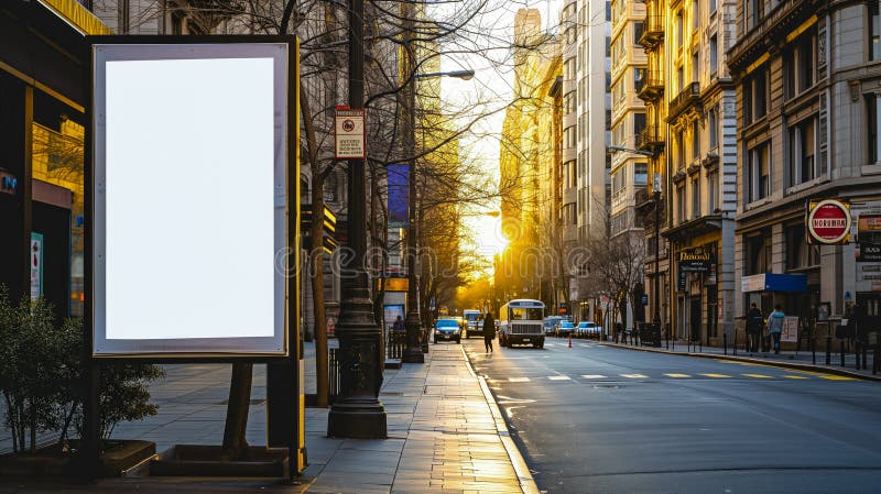 Empty Advertisement Billboard on City Sidewalk at Sunset with Golden ...