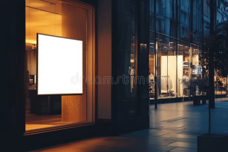 Empty Advertising Lightbox Display in a Fashionable Storefront at Dusk ...