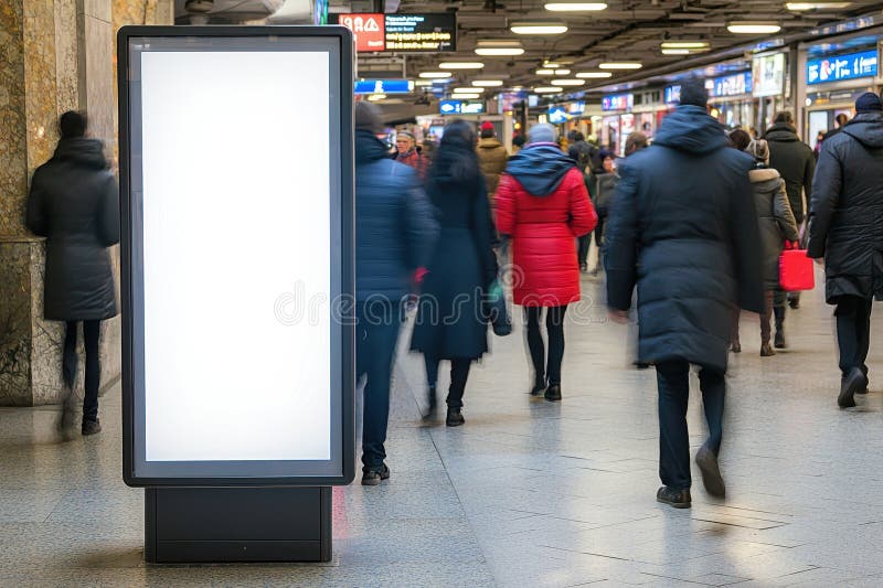 Empty Advertising Space in Busy Train Station with Passengers in Motion ...