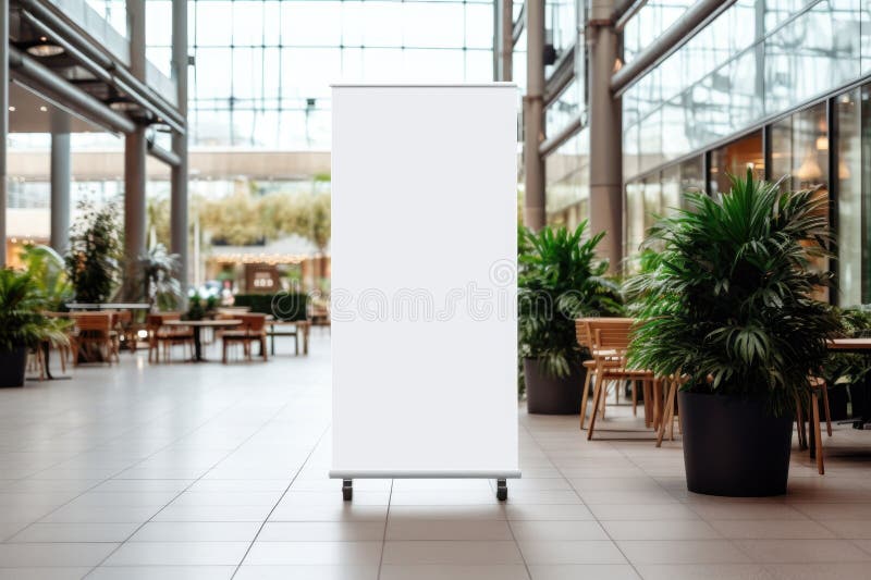 Empty Advertising Stand in Mall S Central Aisle with Greenery Stock ...