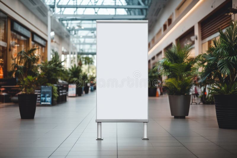 Empty Advertising Stand in Mall S Central Aisle with Greenery Stock ...