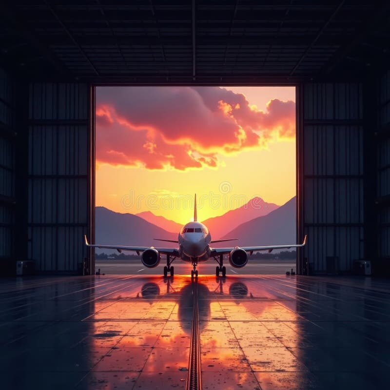 Empty Aircraft Hangar, Dramatic Sunset Paints Mountains through Gaping ...