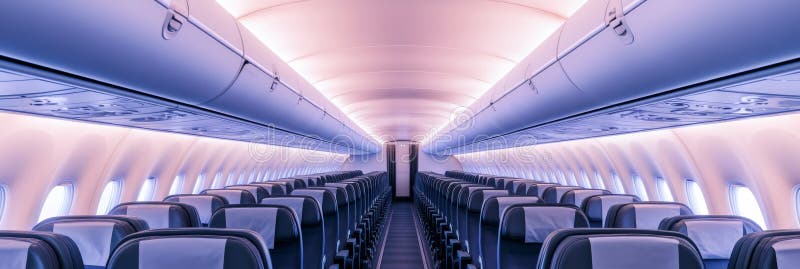 Empty Airplane Cabin with Modern Comfortable Seats and Pink Lighting ...