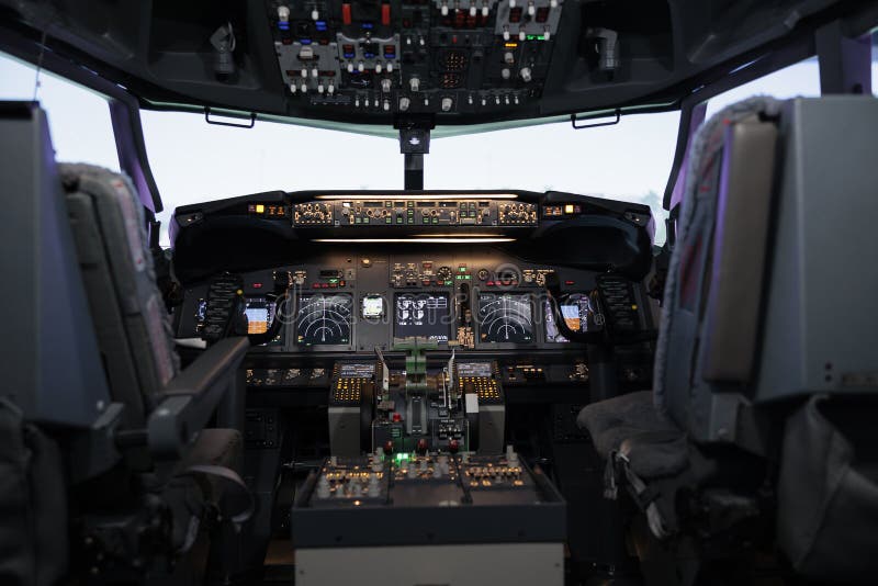 Empty Airplane Cockpit with Dashboard and Control Panel Stock Photo ...