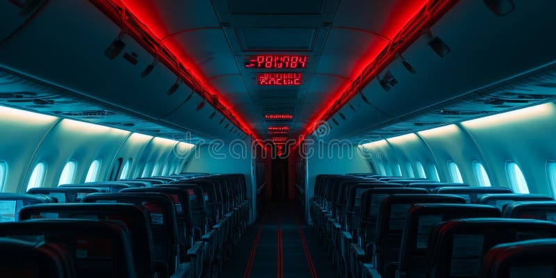 Empty Airplane Cabin Illuminated with Red and Blue Lights Showing Time ...