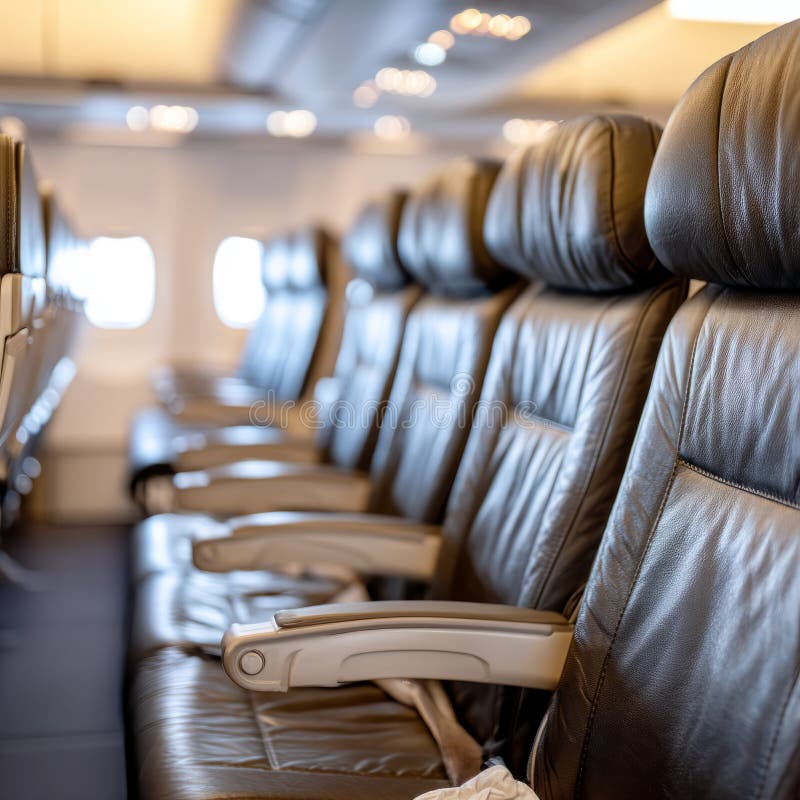 Empty Airplane Cabin with Leather Seats. Stock Image - Image of flight ...