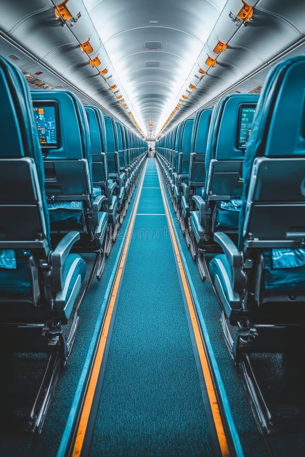 Empty Airplane Cabin, Rows of Blue Seats and Aisle, Perspective View of ...