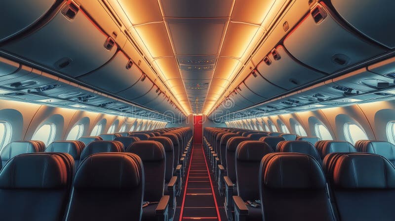 Empty Airplane Cabin with Rows of Seats and Modern Lighting Stock Photo ...