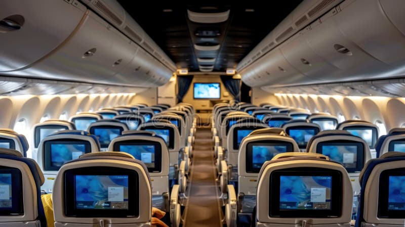 Empty Airplane Cabin with Screens Showing Information Stock ...