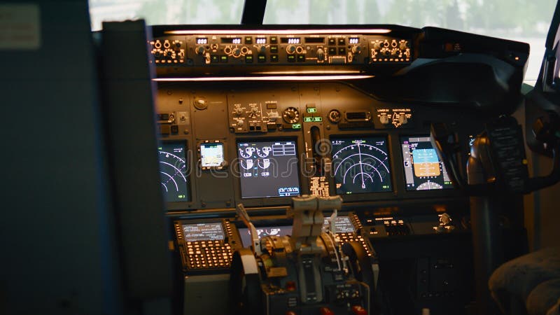 Empty Airplane Cockpit with Dashboard and Control Panel Stock Photo ...