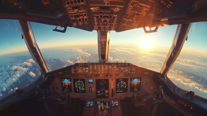 Empty Airplane Cockpit with Illuminated Control Panels and Scenic View ...