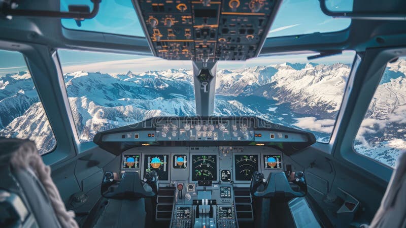 Empty Airplane Cockpit with Illuminated Control Panels and Scenic View ...